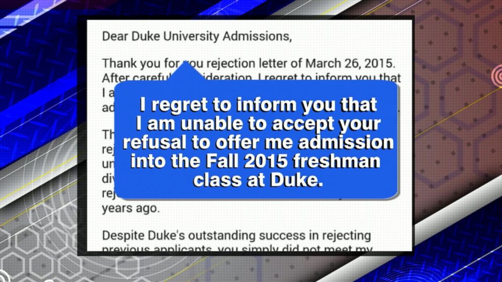 Teen writes rejection letter to Duke University's rejection letter ...